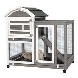 gowoodhut rabbit hutch two story outdoor bunny hutch removable rabbit cage with run indoor rabbit house with 2 deeper no leak trays,asphalt roof