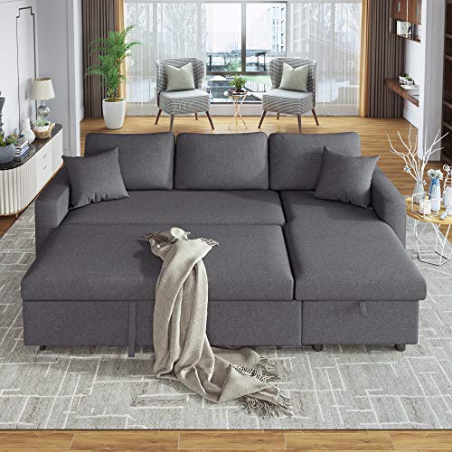 MOEO Upholstery Sleeper Sectional Sofa with Storage Space, 2 Tossing Cushions and Pillows for Living Room, Comfortable Loveseat w/Chaise Longue, Home Furniture, Right Hand Facing, Gray