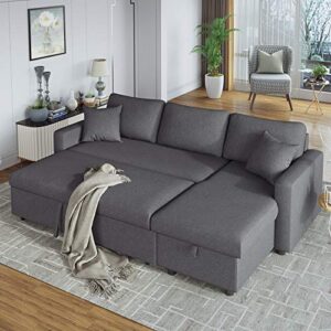 MOEO Upholstery Sleeper Sectional Sofa with Storage Space, 2 Tossing Cushions and Pillows for Living Room, Comfortable Loveseat w/Chaise Longue, Home Furniture, Right Hand Facing, Gray