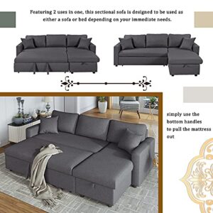 MOEO Upholstery Sleeper Sectional Sofa with Storage Space, 2 Tossing Cushions and Pillows for Living Room, Comfortable Loveseat w/Chaise Longue, Home Furniture, Right Hand Facing, Gray