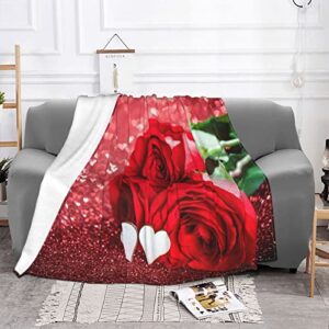 Flannel Throw 60"X50" Rose Flower Fleece Blanket Soft Comfy Pompom Fringe Blanket Throws for Outdoor and Indoor