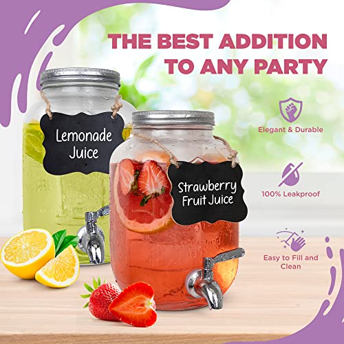 UMAID Glass Drink Dispensers for parties [Set of 2] 1 Gallon Glass Jar Beverage Dispenser W/Stainless Steel Spigot, Leakproof - Glass Drink Dispenser W/Ice Cylinder, Sun Tea Jar, Lemonade & Daily Use