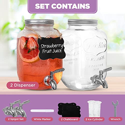 UMAID Glass Drink Dispensers for parties [Set of 2] 1 Gallon Glass Jar Beverage Dispenser W/Stainless Steel Spigot, Leakproof - Glass Drink Dispenser W/Ice Cylinder, Sun Tea Jar, Lemonade & Daily Use