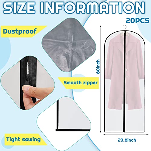 20 Pcs Garment Bags for Hanging Clothes Bulk Clear Zippered Hanging Garment Covers Bags Suit Protector Cover Dress Bags Storage Bags for Clothes Long Dress Suit Coat Costumes Uniforms (24 x 60 Inch)