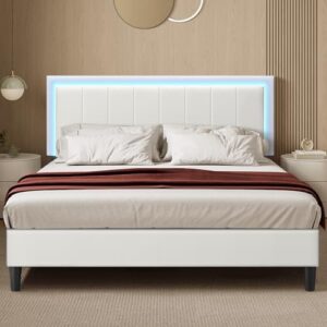 Catrimown Full Size Bed Frame with LED Lights, Upholstered Bed Frame Full with Faux Leather Adjustable Headboard, Wood Slat Support, No Box Spring Needed, Easy Assembly, White