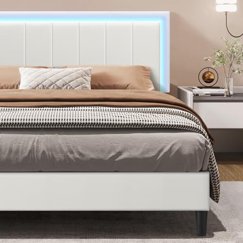 Catrimown Full Size Bed Frame with LED Lights, Upholstered Bed Frame Full with Faux Leather Adjustable Headboard, Wood Slat Support, No Box Spring Needed, Easy Assembly, White