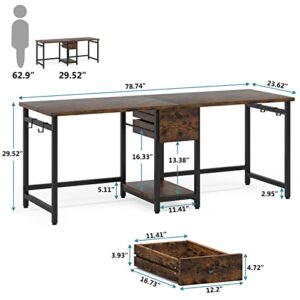 Tribesigns 79 Inch Extra Long Desk, Double Desk with 2 Drawers, Two Person Desk Long Computer Desk with Storage Shelves, Writing Table Study Desk for Home Office, Rustic Brown