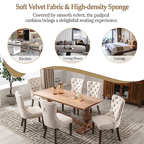 civama Dining Chairs Set of 4, Velvet Nikki Collection Dining Room Chair Upholstered Modern Luxury Tufted with Nailhead Trim Back Pull Ring Solid Wooden Legs, Beige