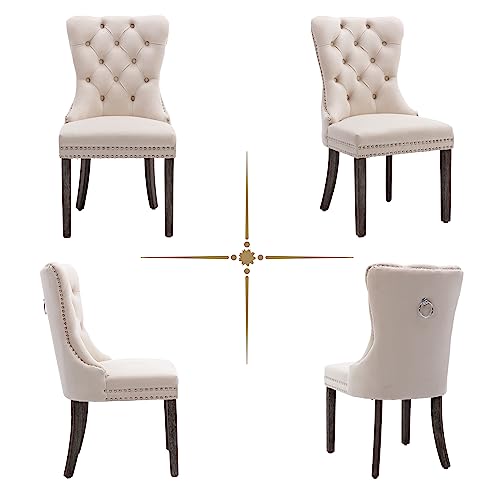 civama Dining Chairs Set of 4, Velvet Nikki Collection Dining Room Chair Upholstered Modern Luxury Tufted with Nailhead Trim Back Pull Ring Solid Wooden Legs, Beige