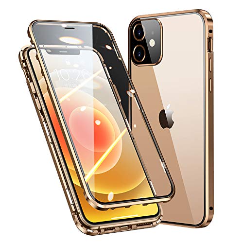 HENGHUI Lockable iPhone 14 Pro Max Magnetic Case Glass Case with Camera Lens Protector Screen Protector Safety Lock 360 Full Body Double Sided Glass Bumper Case Clear Cover (Gold)