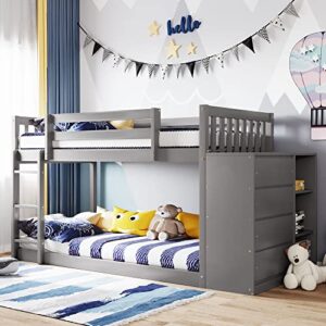 harper & bright designs twin over twin bunk bed with storage, wood floor bunk beds with 4 drawers & 3 shelves, low bunk bed, twin loft bed for kids, girls boys, teens, adults (gray)