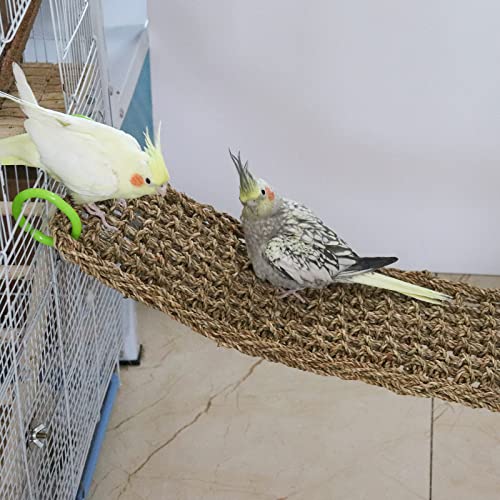 39 x 7 Inches Bird Seagrass Mat, Natural Seagrass Woven Net, Bird Hammock Mat with Hooks, Bird Cage Accessories, Climbing Rope Ladder Chew Toys for Cockatiel Hamster Guinea Pig Rats Hamster Parakeet