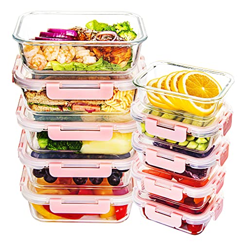 SHYRC 10 Pack Glass Meal Prep Containers with Lids, Airtight Glass Food Storage Containers Leak Proof Glass Lunch Containers(10 Lids & 10 Containers) - Pink