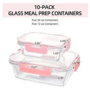 SHYRC 10 Pack Glass Meal Prep Containers with Lids, Airtight Glass Food Storage Containers Leak Proof Glass Lunch Containers(10 Lids & 10 Containers) - Pink