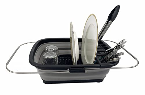 SAMMART 8L (2.11Gallons) Expandable Collapsible Dish Drainer - Foldable Drying Rack - Portable Dinnerware Organizer - Space Saving Kitchen Storage Tray (Black/Alloy Grey)