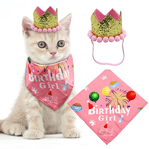 LEBERY Dog Birthday Bandana Hat Set - Dog Boys Girls Birthday Hat Cat Dog Pink Birthday Decorations for Small Medium Dog Cat Pet (Pink Scarf & Crown)