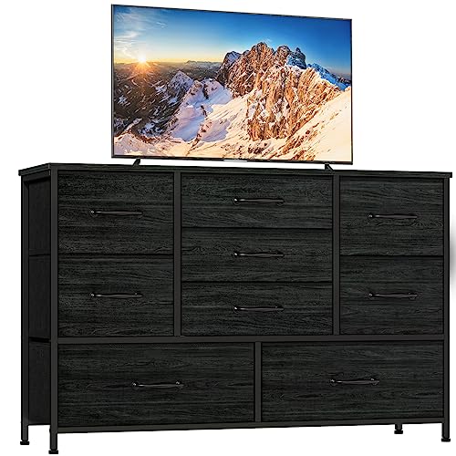 Furnulem Wide Dresser with 9 Large Drawers for 55'' Long TV Stand Entertainment Center,Wood Shelf Storage for Bedroom,Living Room,Closet,Entryway,Sturdy Metal Frame （Black Oak）