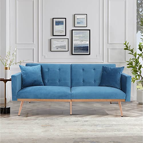 RARZOE Velvet Sofa Bed Loveseat Sofa Accent Sofa, Mid Century Modern Convertible Sleeper Couch, Futon Sofa Bed with 2 Pillows for Living Room Bedroom Apartment,Water Blue