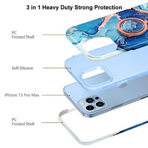 Hekodonk iPhone 13 Pro Max Case - Heavy Duty, Rotating Ring Kickstand, Tempered Glass Protector, Shockproof, Blue Marble