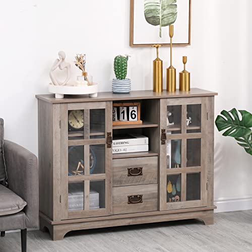 RICHRYCE Sideboard Buffet Storage Cabinet, Farmhouse TV Stand 2 Drawers, 3 Cabinets and Acrylic Doors for Kitchen Dining Room Furniture Cupboard Console Table(Grey)