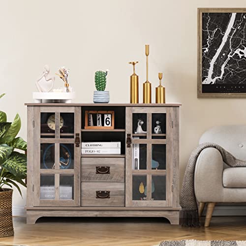 RICHRYCE Sideboard Buffet Storage Cabinet, Farmhouse TV Stand 2 Drawers, 3 Cabinets and Acrylic Doors for Kitchen Dining Room Furniture Cupboard Console Table(Grey)