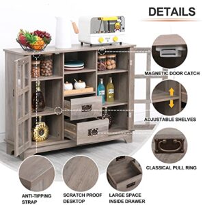 RICHRYCE Sideboard Buffet Storage Cabinet, Farmhouse TV Stand 2 Drawers, 3 Cabinets and Acrylic Doors for Kitchen Dining Room Furniture Cupboard Console Table(Grey)