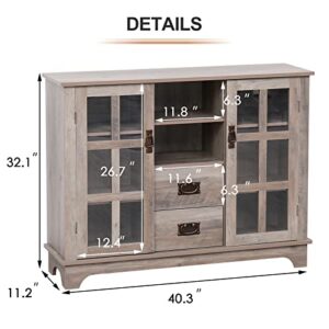 RICHRYCE Sideboard Buffet Storage Cabinet, Farmhouse TV Stand 2 Drawers, 3 Cabinets and Acrylic Doors for Kitchen Dining Room Furniture Cupboard Console Table(Grey)