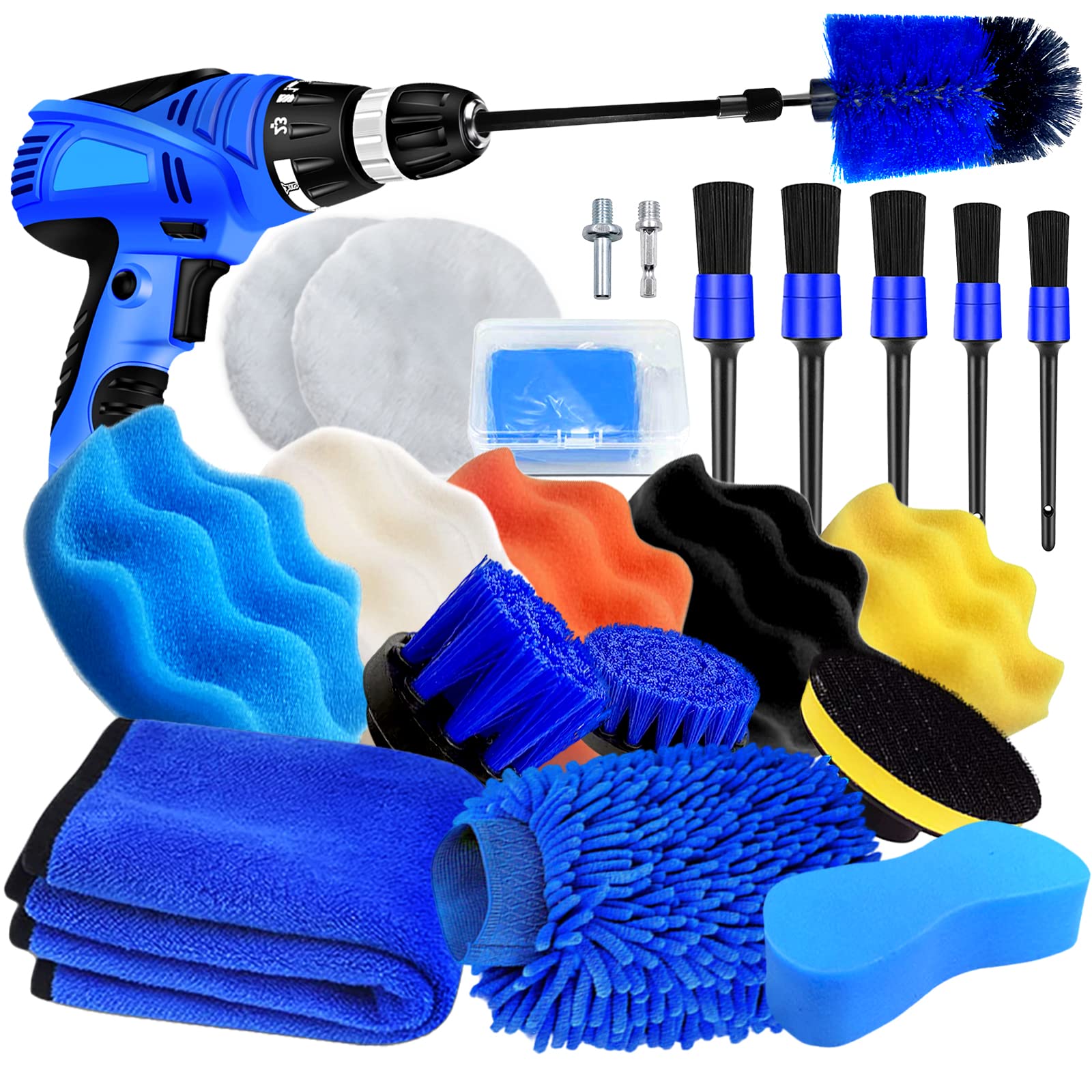 LNXNMDSY 23Pcs Car Detailing Kit - Car Foam Buffing Pads & Car Drill Brush Polishing Kit - Soft Bristle Power Scrubber with Extend Long Attachment - Car Cleaning Tools Kit for Interior Exterior