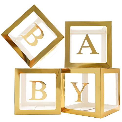 Keencopper Gold Baby Boxes with Letters for Baby Shower, Baby Shower Decorations for Boys or Girls, Transparent Balloon Boxes Clear Blocks for Birthday Party, Bridal Shower, Gender Reveal