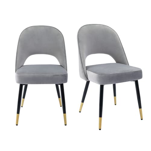 HEAH-YO Modern Dining Chairs Set of 2, Upholstered Velvet Dining Room Chairs with Hollow Backrest and Metal Legs, Armless Accent Chairs for Dining Room Living Room, Gray