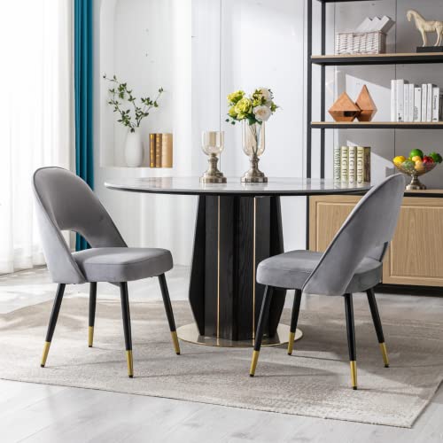 HEAH-YO Modern Dining Chairs Set of 2, Upholstered Velvet Dining Room Chairs with Hollow Backrest and Metal Legs, Armless Accent Chairs for Dining Room Living Room, Gray