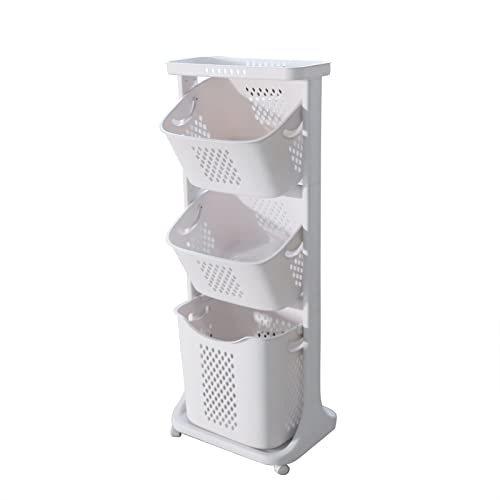 Laundry Basket Bathroom Multi-layer Clothes Storage Basket, 3-Tier Laundry Basket with Wheel Rolling Laundry Sorter Hamper, Household Bathroom Simple Storage Shelf Kitchen Shelf (Beige)