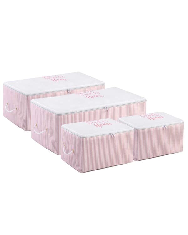 4 Pack Pink Storage Bags for Bedroom, Clothes and Blanket Organizer, Double Zipper Organization Bag, Foldable Fabric Boxes for Laundry Room, Large Capacity Comforter Storage Bag