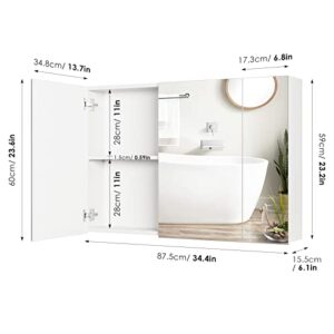 FOTOSOK Medicine Cabinet with 3 Mirrored Doors, Surface or Recessed Mount Bathroom Medicine Cabinet, Frameless Mirror Cabinet, 34.4" W x6.1 D x 23.6" H