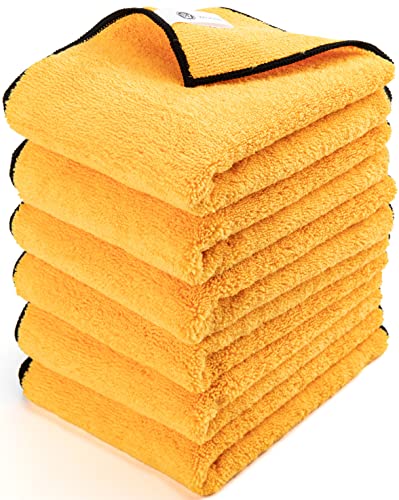 WEAWE Microfiber Towels for Cars - 6 Pack (23.6” x 15.7”),one Side Extended Pile Microfiber Cleaning Cloth for Car Washing Drying & Auto Detailing Strong Water Absorption Streak Free Non-Fading(Gold)