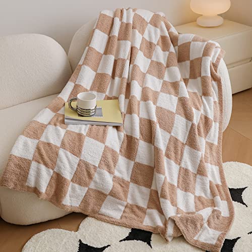 MH MYLUNE HOME Ultra-Soft Checkered Blanket Microfiber Checkerboard Blanket Reversible, Plaid Cozy Fuzzy Chessboard Throw Blanket Plush for Bed Couch Sofa (Khaki, 51"x63")