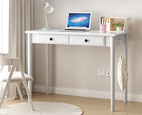 VAMEPOLE Computer Desk for Home Office, 39" Small White Office Desk with 2 Hooks, 2 Drawers, Vanity Desk for Small Spaces Study Table Laptop Desk (White)