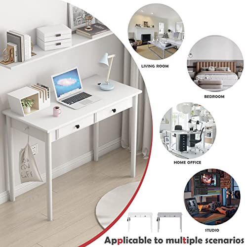 VAMEPOLE Computer Desk for Home Office, 39" Small White Office Desk with 2 Hooks, 2 Drawers, Vanity Desk for Small Spaces Study Table Laptop Desk (White)