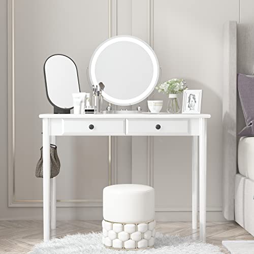 VAMEPOLE Computer Desk for Home Office, 39" Small White Office Desk with 2 Hooks, 2 Drawers, Vanity Desk for Small Spaces Study Table Laptop Desk (White)