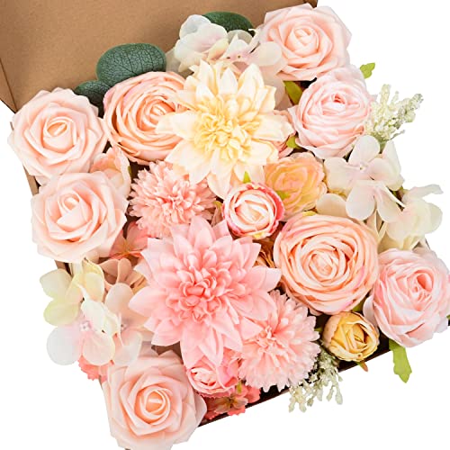 PERFNIQUE Pink Artificial Flowers Combo Box, Set of 47pcs Faux Flowers, Fake Floral Arrangements for DIY Wedding Bouquets Centerpieces with Roses, Baby Shower Party Home Decorations(Peach Pink)