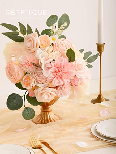 PERFNIQUE Pink Artificial Flowers Combo Box, Set of 47pcs Faux Flowers, Fake Floral Arrangements for DIY Wedding Bouquets Centerpieces with Roses, Baby Shower Party Home Decorations(Peach Pink)