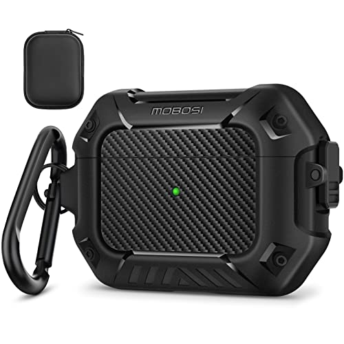 MOBOSI for AirPods Pro 2nd/1st Generation Case, Secure Lock Clip Carbon Fiber Case Cover with Keychain, Full Body Shockproof Hard Shell Protective Cover for AirPods Pro Case (2023/2022/2019), Black