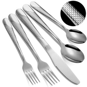 meythway 20-piece ​modern hammered silverware set with luxury decoration, stainless steel flatware set, cutlery set service for 4, reusable, dishwasher safe(silver)