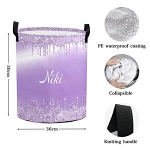 Monogram Violet Purple Dripping Laundry Basket Personalized with Name Laundry Hamper with Handle Organizer Storage Bin Bedroom Decor for Boys Girls Adults