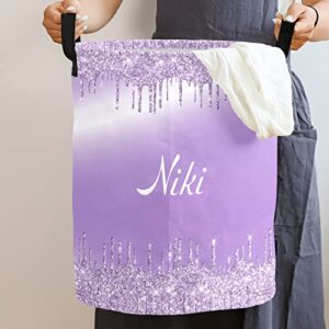 Monogram Violet Purple Dripping Laundry Basket Personalized with Name Laundry Hamper with Handle Organizer Storage Bin Bedroom Decor for Boys Girls Adults