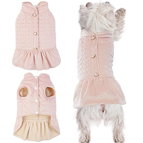 IKIPUKO Winter Dog Dress, Fleece Pet Skirt with Sequin Dog Warm Coat Girl One-Piece Heart Shape Decorate Button Winter Clothes Cute Puppy Clothes for Small Medium Dogs,L