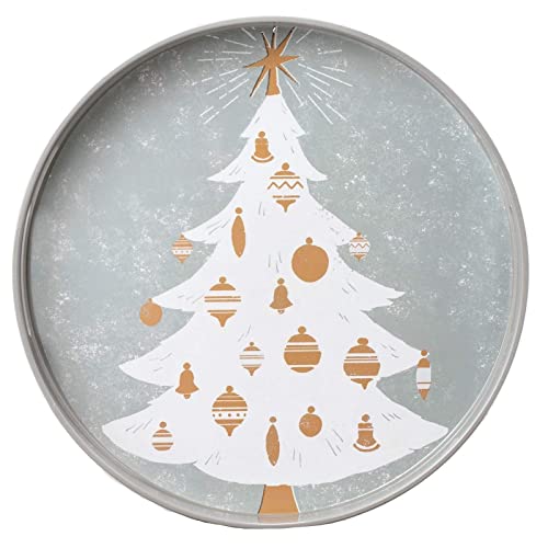 rockflowerpaper Winter White Tree 15 inch Round Lacquered Wooden Decorative Heat Resistant Tray with Handles for Coffee Drinks Breakfast Dinner