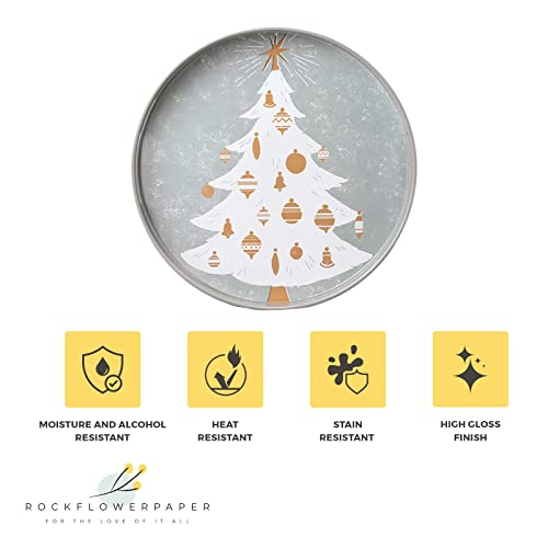 rockflowerpaper Winter White Tree 15 inch Round Lacquered Wooden Decorative Heat Resistant Tray with Handles for Coffee Drinks Breakfast Dinner