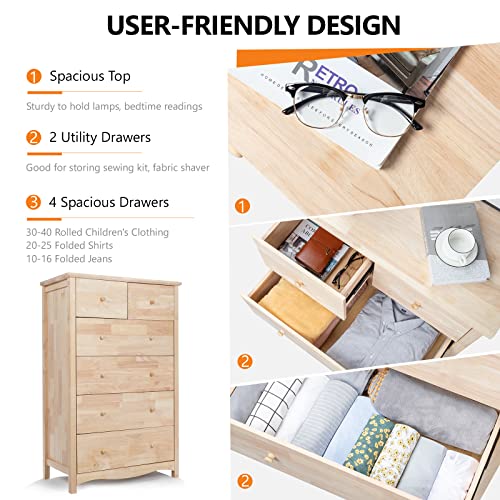 VINGLI Unfinished Natural Solid Wood 6 Drawer Dresser for Bedroom, Farmhouse Dressers & Chests of Drawers Color DIY Rubber Wood Tall Dresser with Full Extension Drawer Slides & Wood Knobs Rustic Style