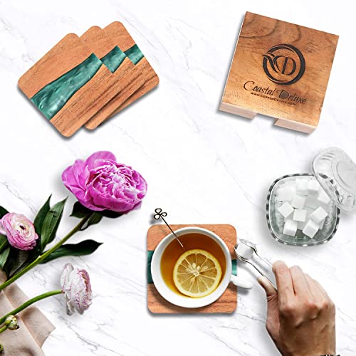 Wood and Resin Coasters Set of 4 with Holder for Wooden Table, Handmade Acacia Wood and Epoxy Resin Coaster Set, Protect Tables, Non-Absorbent and Easy to Clean, for Home, Office, or Bar